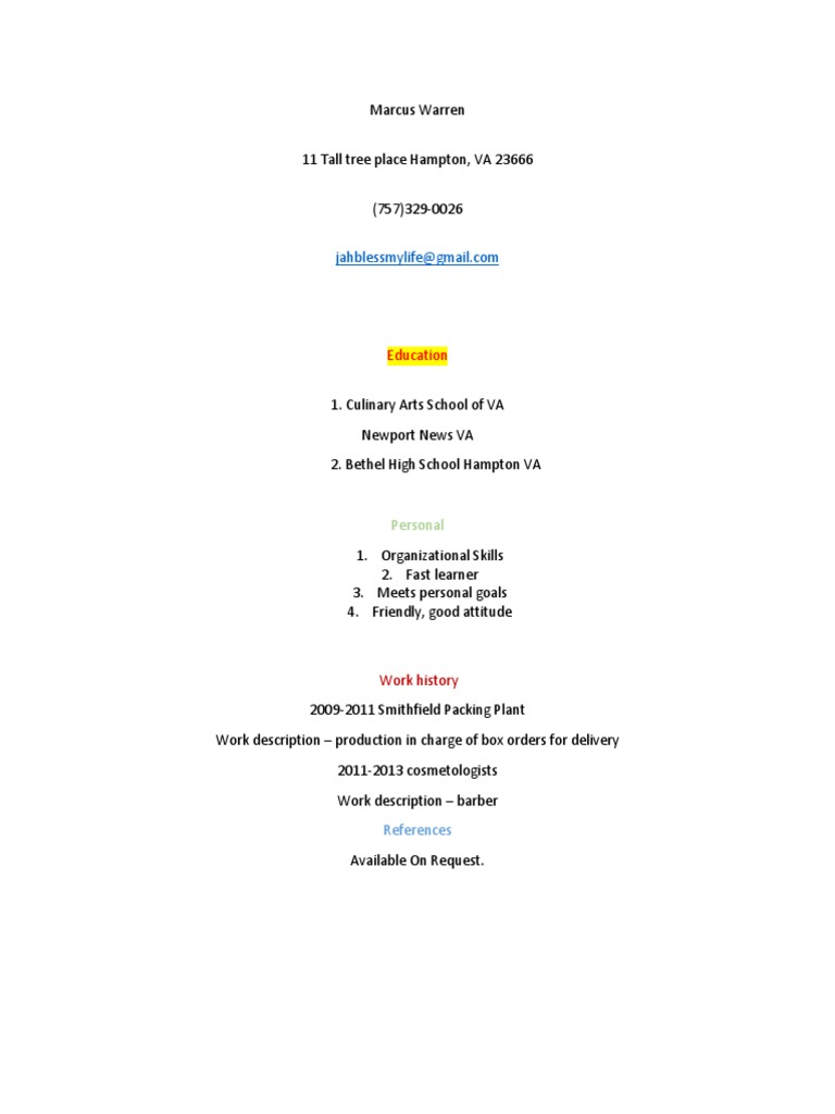 Marcus Warren - Culinary & Barber Resume | PDF