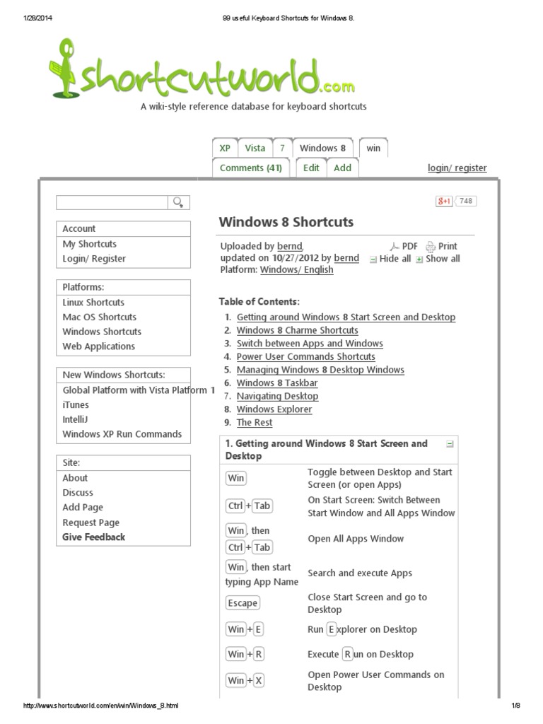 99 Useful Keyboard Shortcuts For Windows 8 | PDF | Personal Computers ...