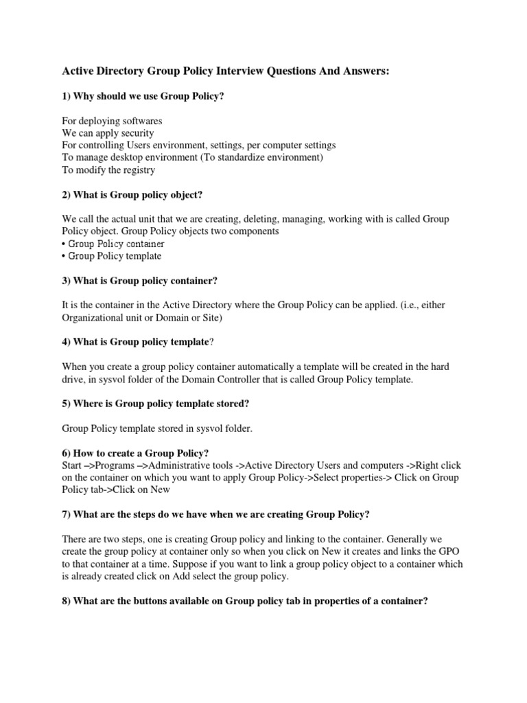 Active Directory Group Policy Interview Questions and Answers | PDF | Group Policy | Active ...