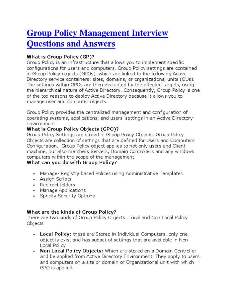 Group Policy Management Interview Questions and Answers | PDF | Group Policy | Active Directory