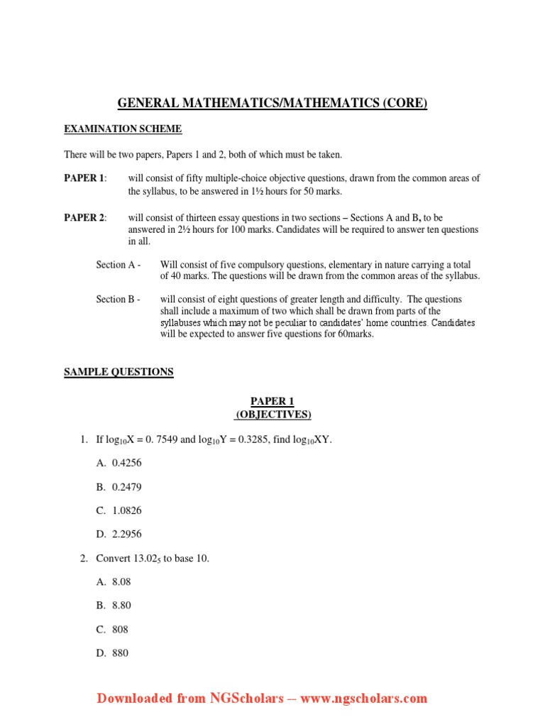 General Mathematics/Mathematics (Core) : Examination Scheme | PDF ...