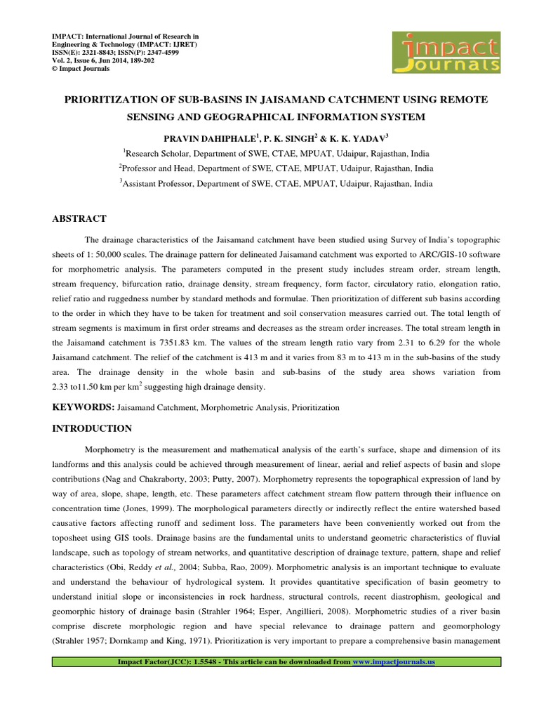 Eng Morphometric Analysis Of Sub Basins In Jaisamand Catchment Using Geographical Information