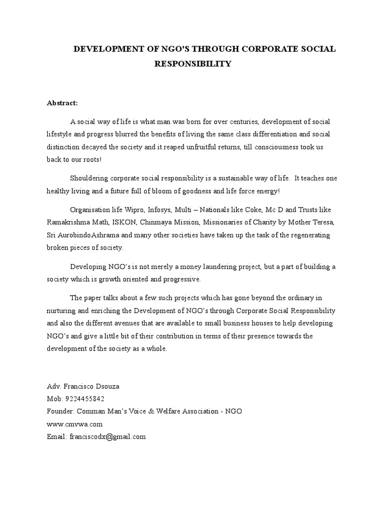 DEVELOPMENT OF NGO'S THROUGH CORPORATE SOCIAL RESPONSIBILITYResearch ...