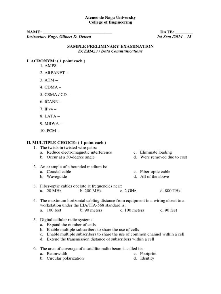 -Sample Prelim Exam | Osi Model | Network Topology