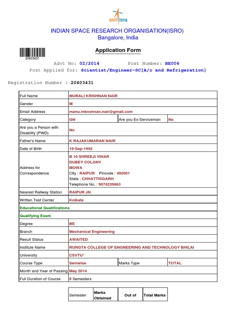 Indian Space Research Organisation (Isro) Bangalore, India: Application ...