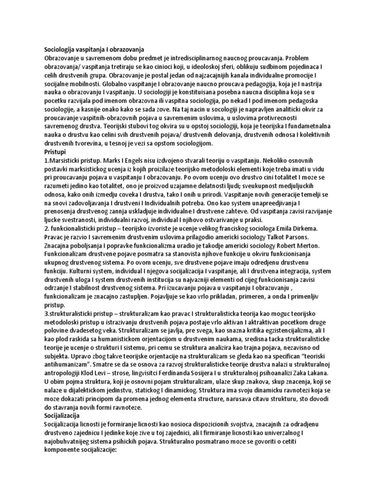 Sociologija Vaspitanja I Obrazovanja | PDF