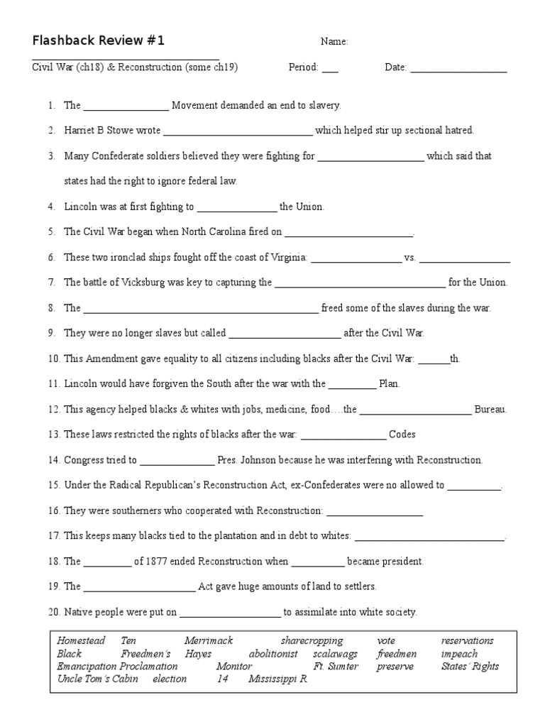 Civil War & Reconstruction Review Guide | PDF | Reconstruction Era ...
