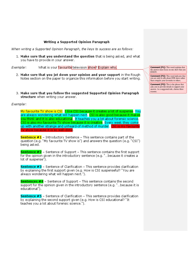 Writing a Supported Opinion Paragraph | PDF | Sentence (Linguistics ...