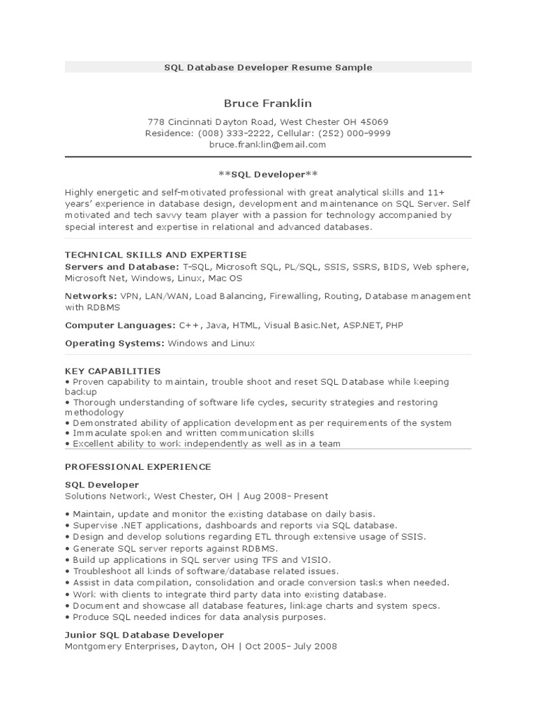 SQL Database Developer Resume Sample | PDF | Computer Data | Project ...
