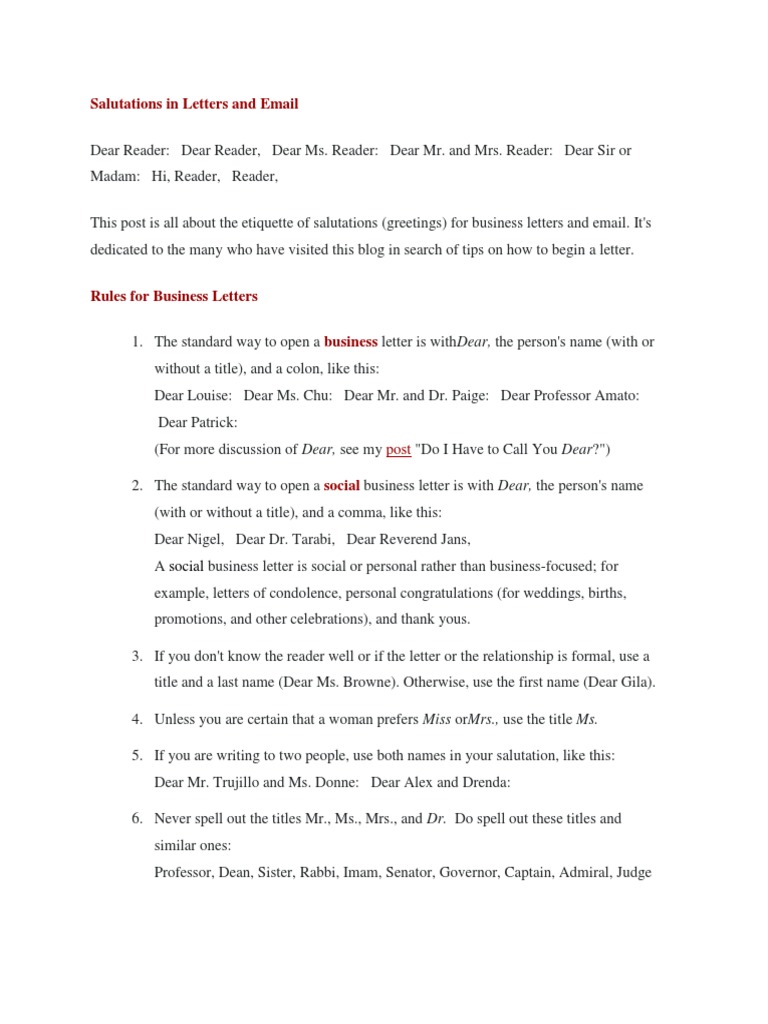 Salutations in Letters and Email: Rules For Business Letters | PDF | Address (Geography ...
