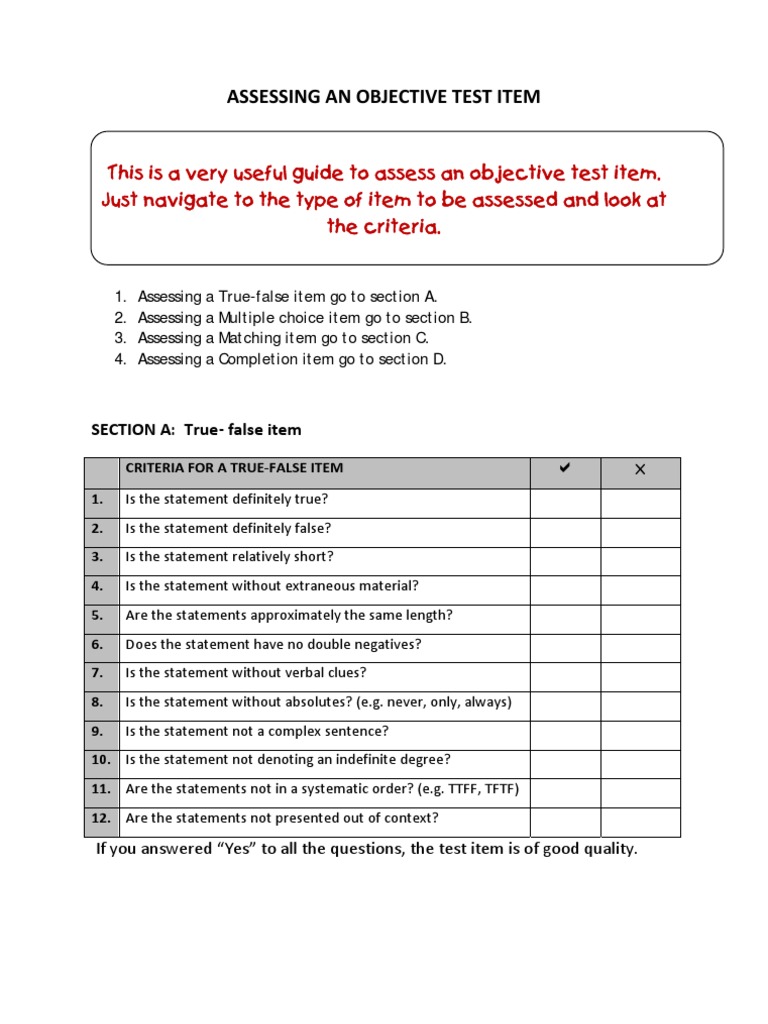 This Is A Very Useful Guide To Assess An Objective Test Item. Just ...