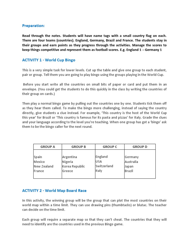 Preparing Students for a World Cup Themed Lesson on Countries and Their ...