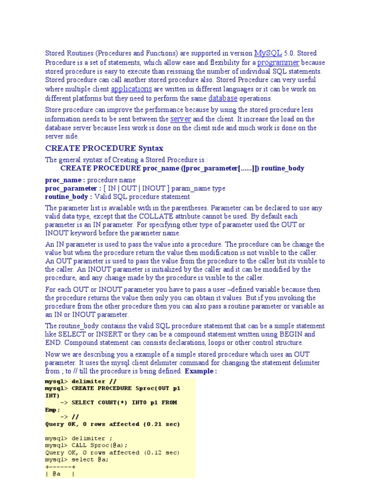 Mysql Programmer Applications Database Server Create Procedure Syntax Pdf Parameter