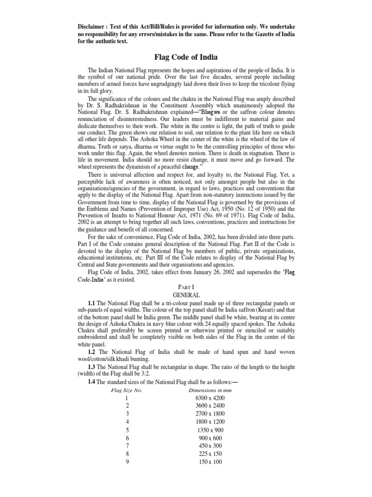 Flag Code of India: Flag Size No. Dimensions in MM | PDF | Flag ...