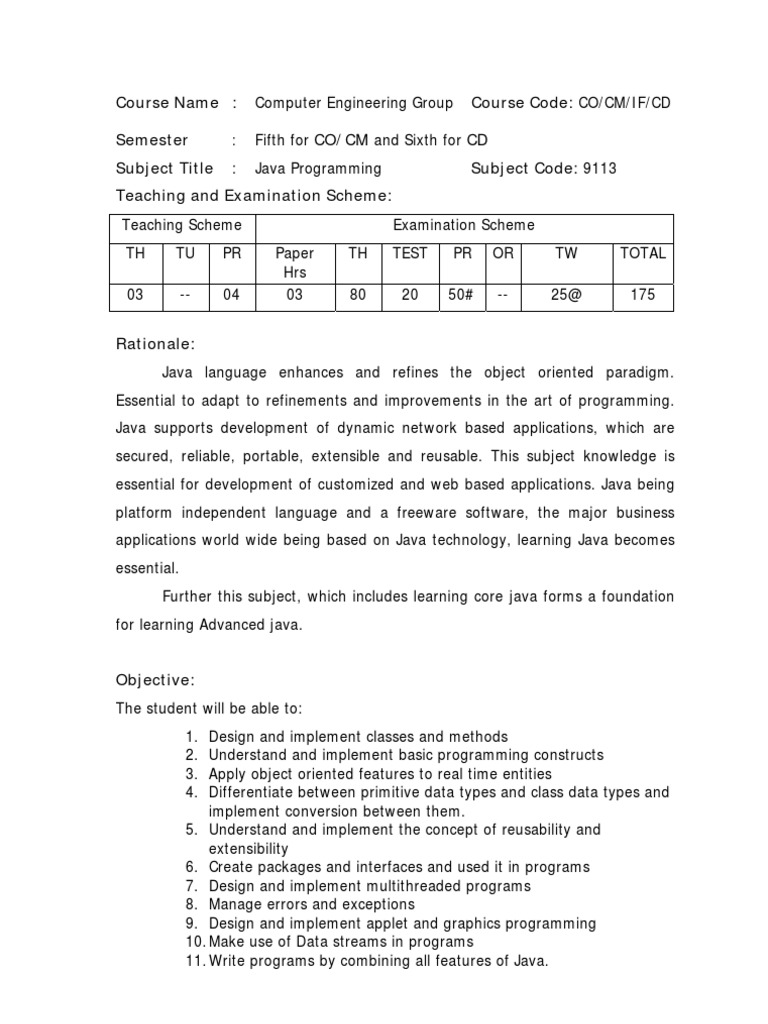 Syllabus Java Programming Pdf Class Computer Programming Method Computer Programming