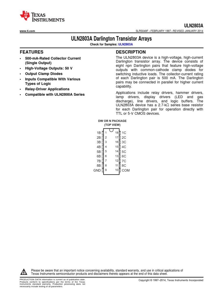 ULN2803A Darlington Transistor Arrays: Features Description | PDF ...