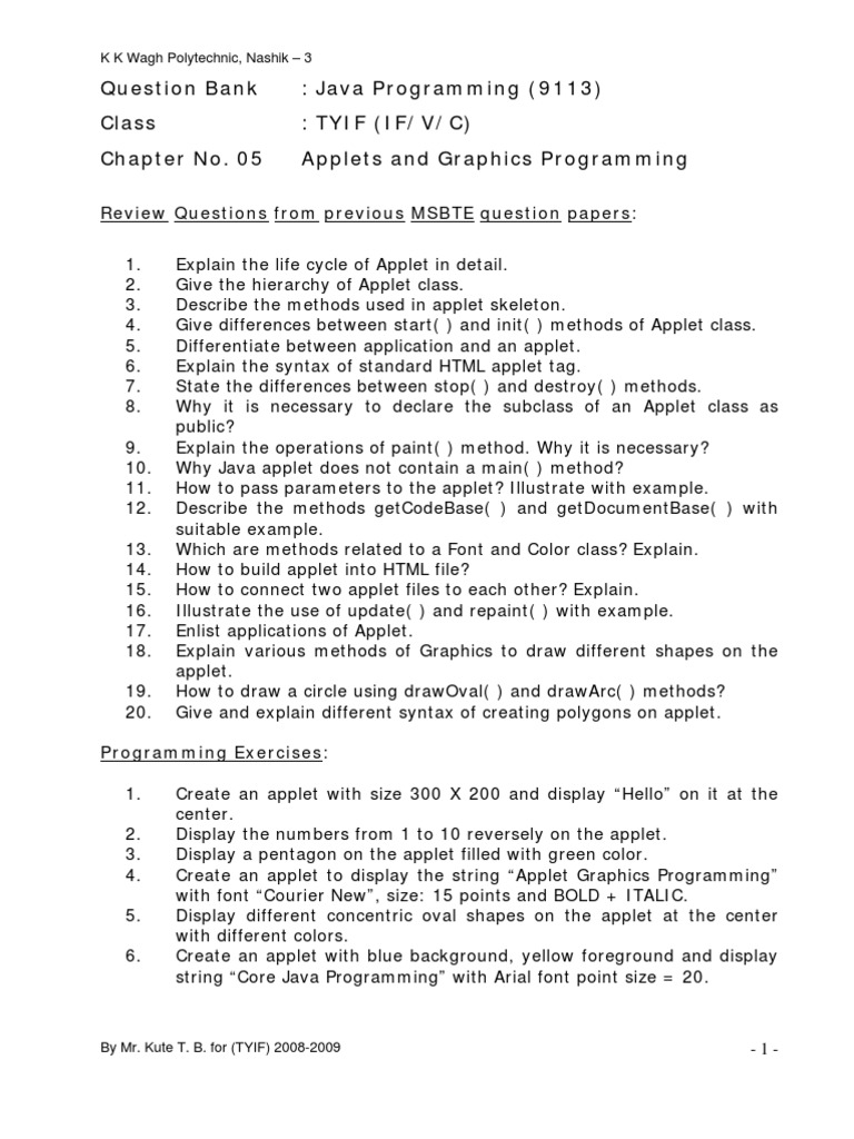 Question Bank: Java Programming (9113) Class: Tyif (IF/V/C) Chapter No. 05 Applets and Graphics ...
