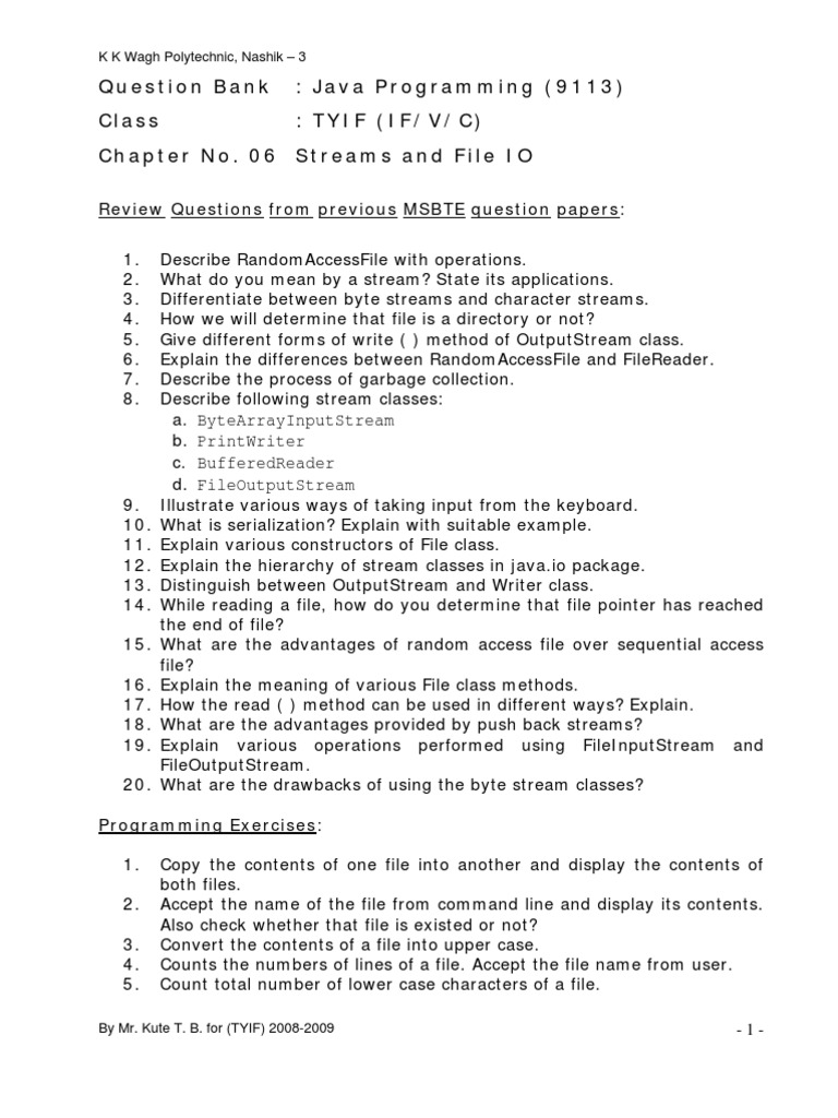 Question Bank Java Programming 9113 Class Tyif Ifvc Chapter No 06 Streams And File Io