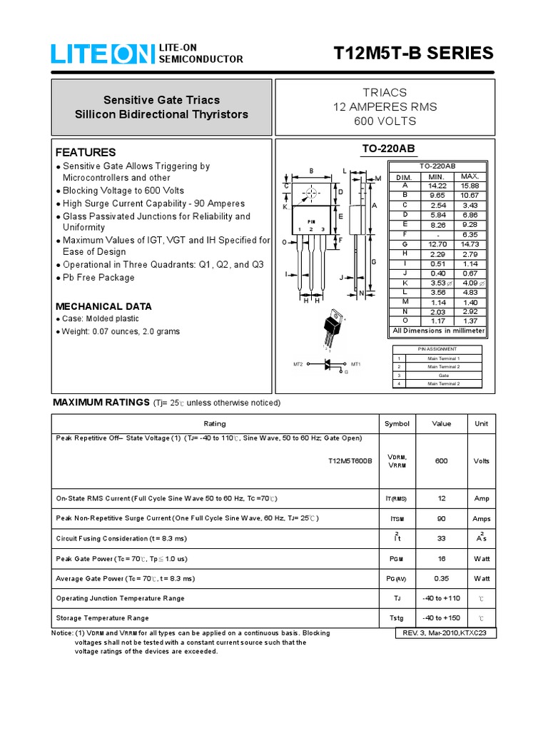 T12M5T-B Series: Sensitive Gate Triacs Sillicon Bidirectional Thyristors | PDF | Computer ...