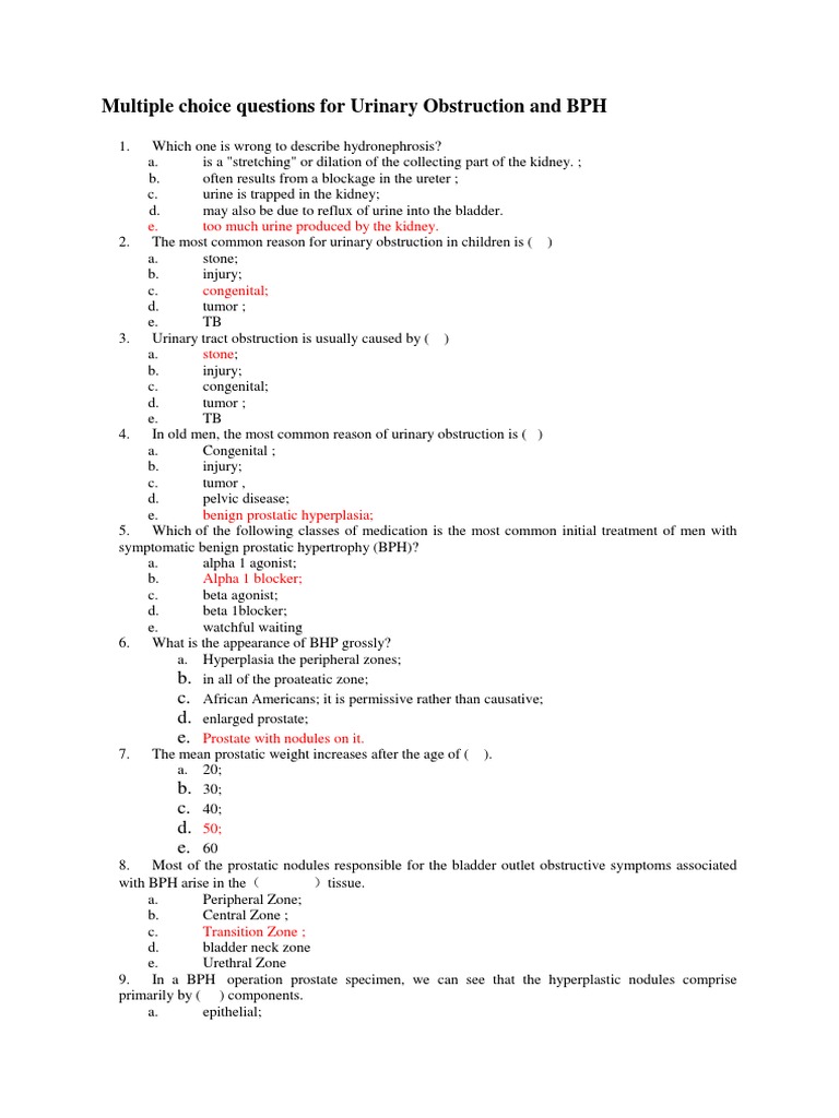 Multiple Choice Questions For Urinary Obstruction and BPH: E. Too Much ...