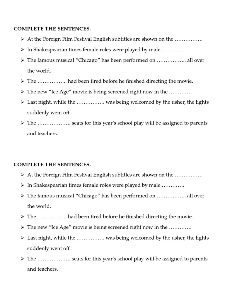 Worksheet 1 - Fill in The Gaps-Vocabulary (Theatre and Cinema) ) | PDF ...