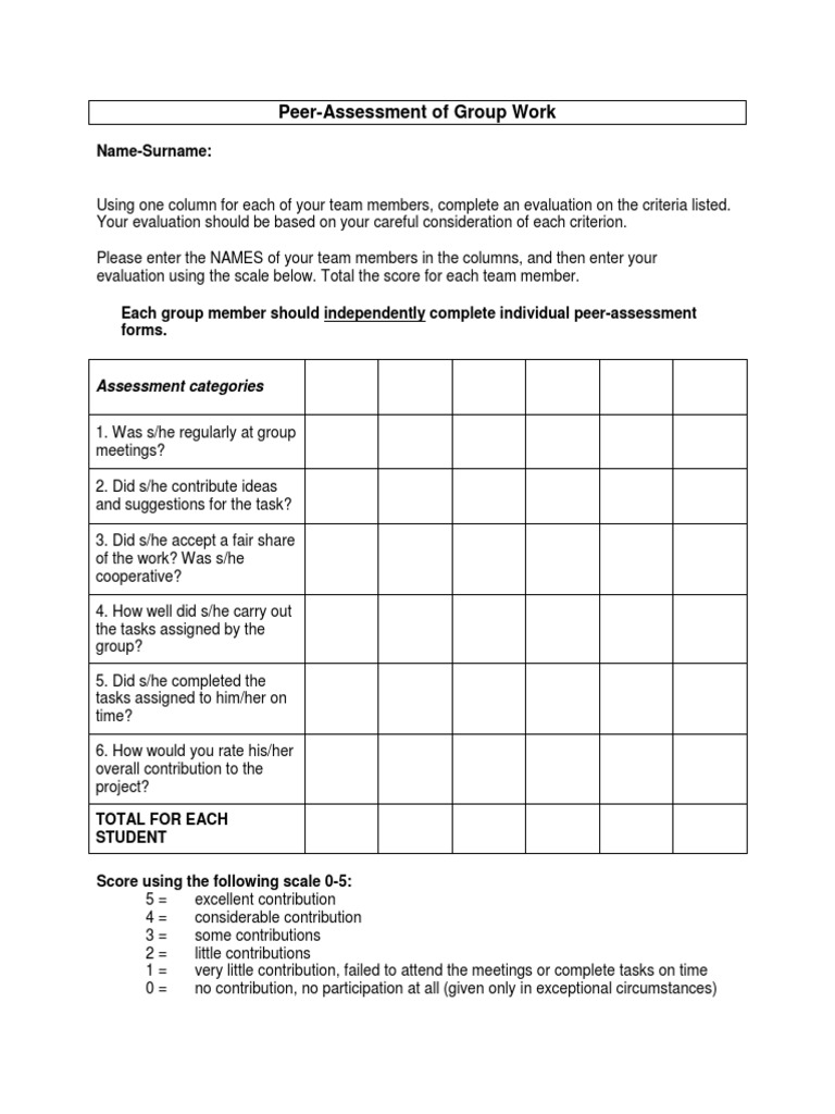 Peer Assessment Template for Group Work | PDF