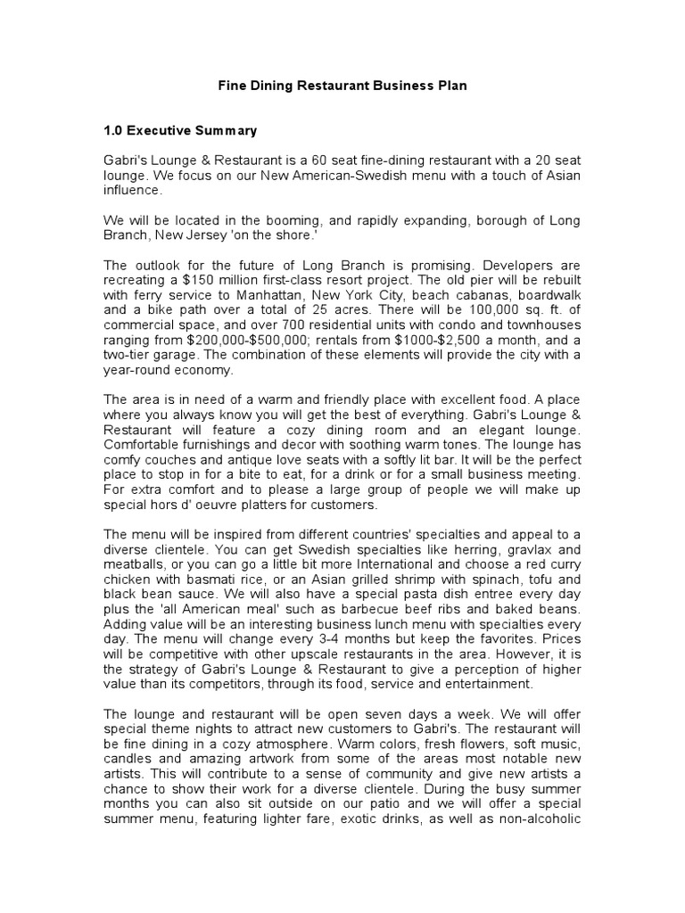 Fine Dining Restaurant Business Plan | PDF | Gastronomy | Restaurants