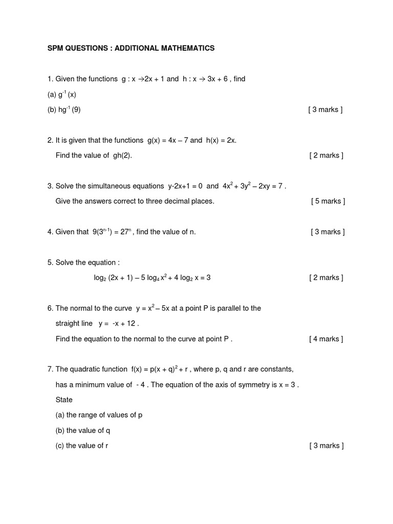 SPM Questions: Additional Mathematics | PDF | Logarithm | Equations