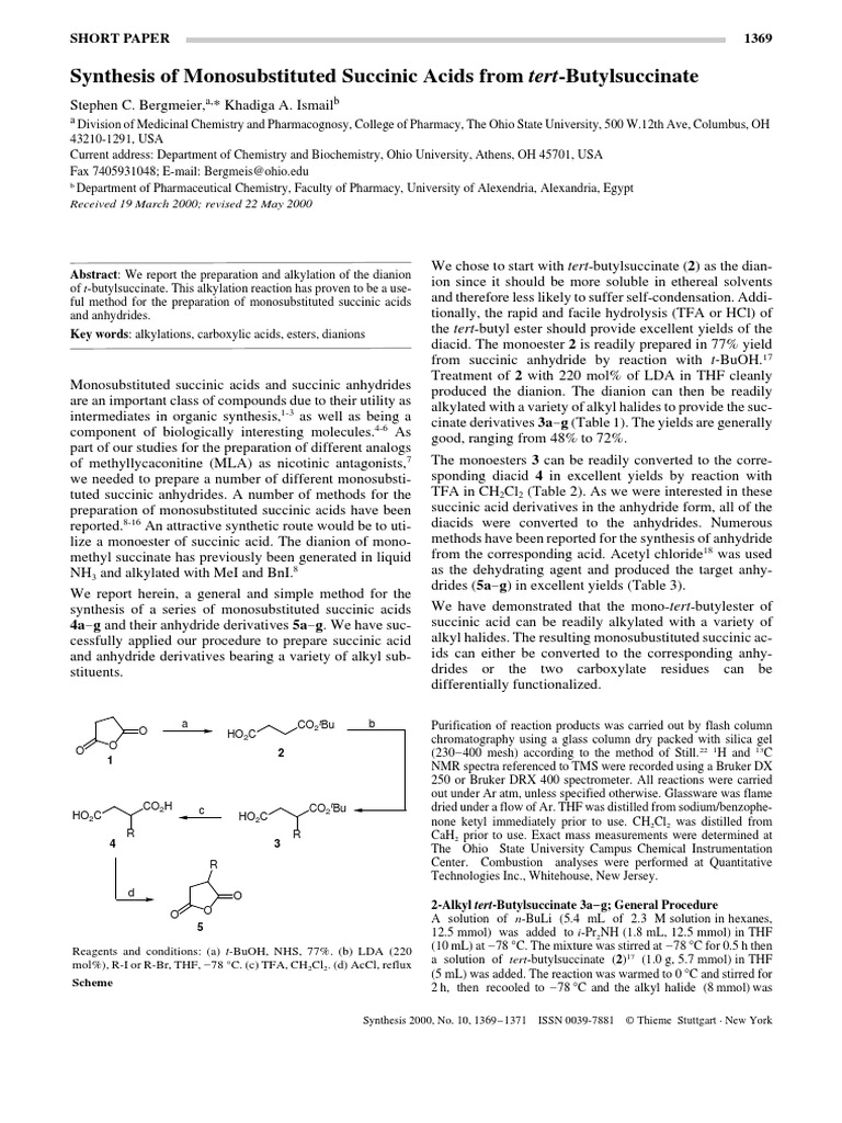 Synthesis of Monosubstituted Succinic Acids From Tert-Butylsuccinate ...