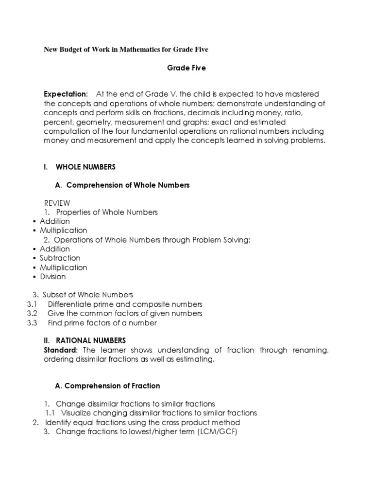 Grade 5 Mathematics Work Plan | PDF | Fraction (Mathematics) | Ratio