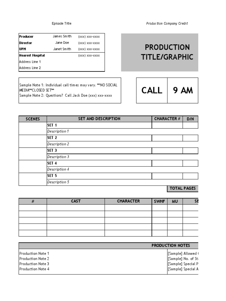 Call Sheet Template - Single Page | PDF