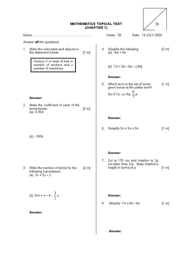 Mathematics Topical Test (Chapter 7) : Answer | PDF