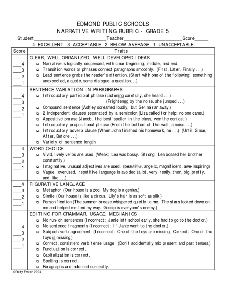 Edmond Public Schools Narrative Writing Rubric - Grade 5 | PDF ...