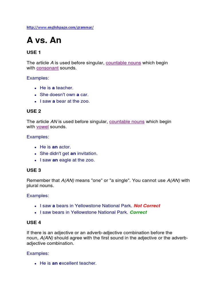 A vs An - When to Use Indefinite Articles | PDF | Grammatical Number | Noun