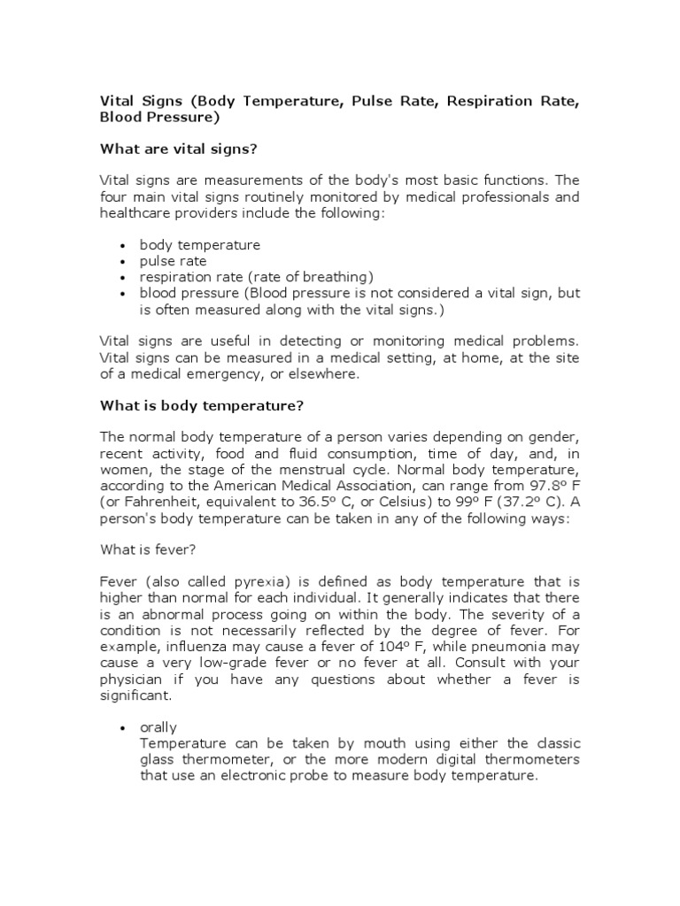 Vital Signs (Body Temperature, Pulse Rate, Respiration Rate, Blood ...