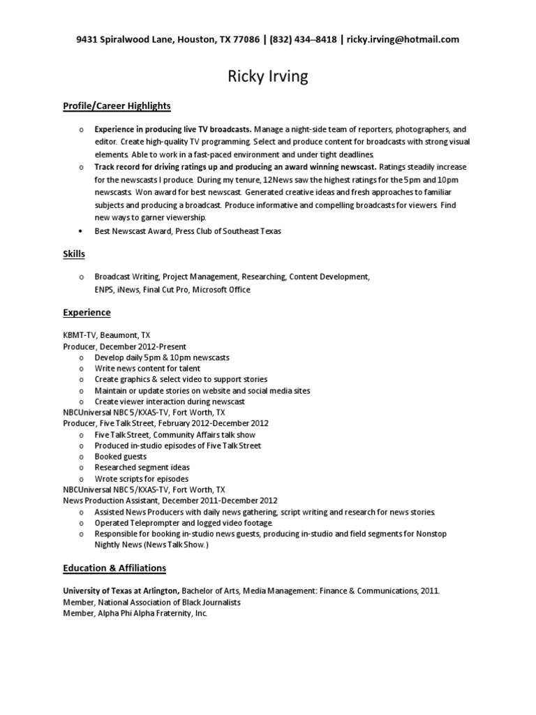 Ricky Irving Resume 2014 | PDF