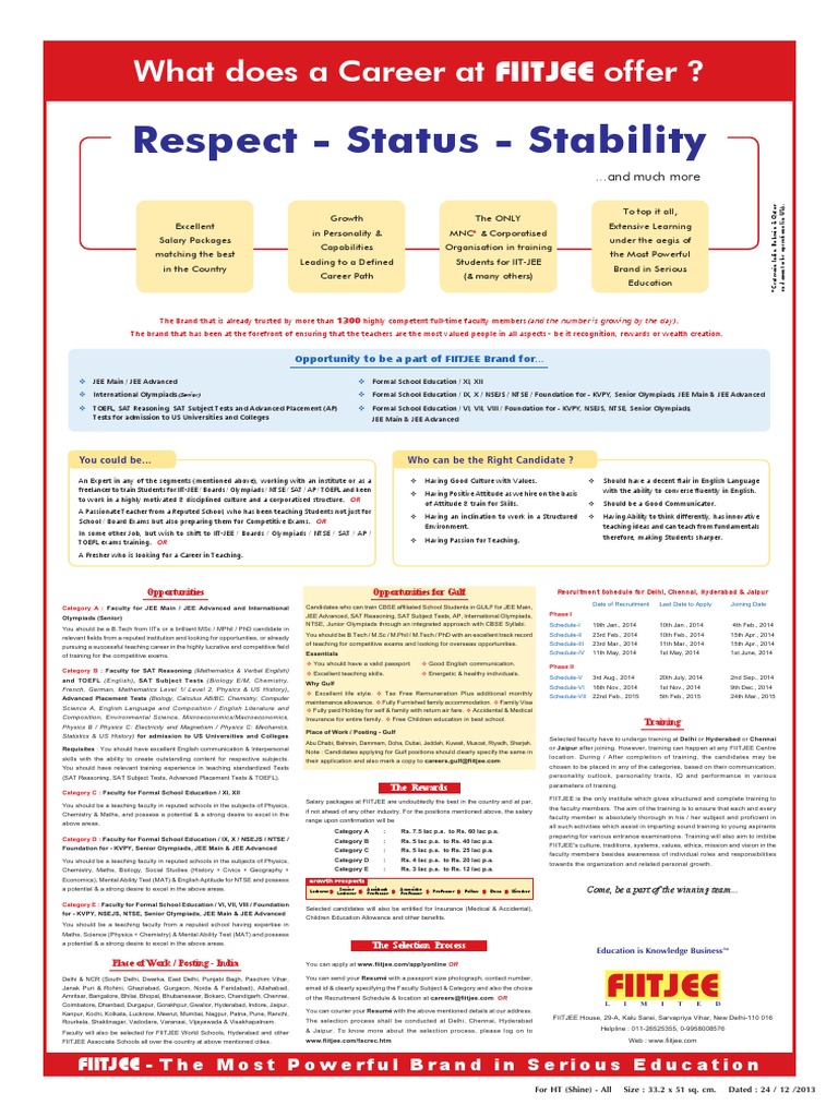Respect - Status - Stability: What Does A Career at FIITJEE Offer ? | PDF | Advanced Placement | Sat