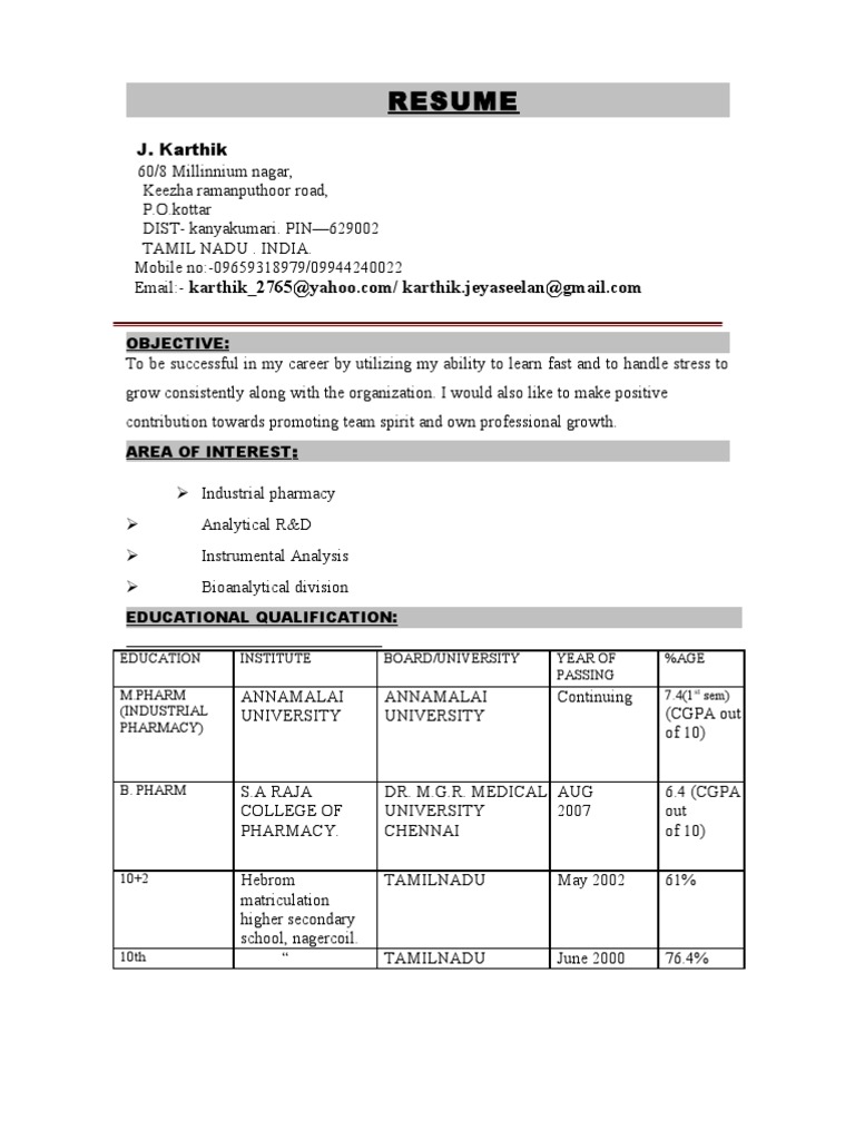 Model Resumes | PDF | Tamil Nadu | Pharmacy