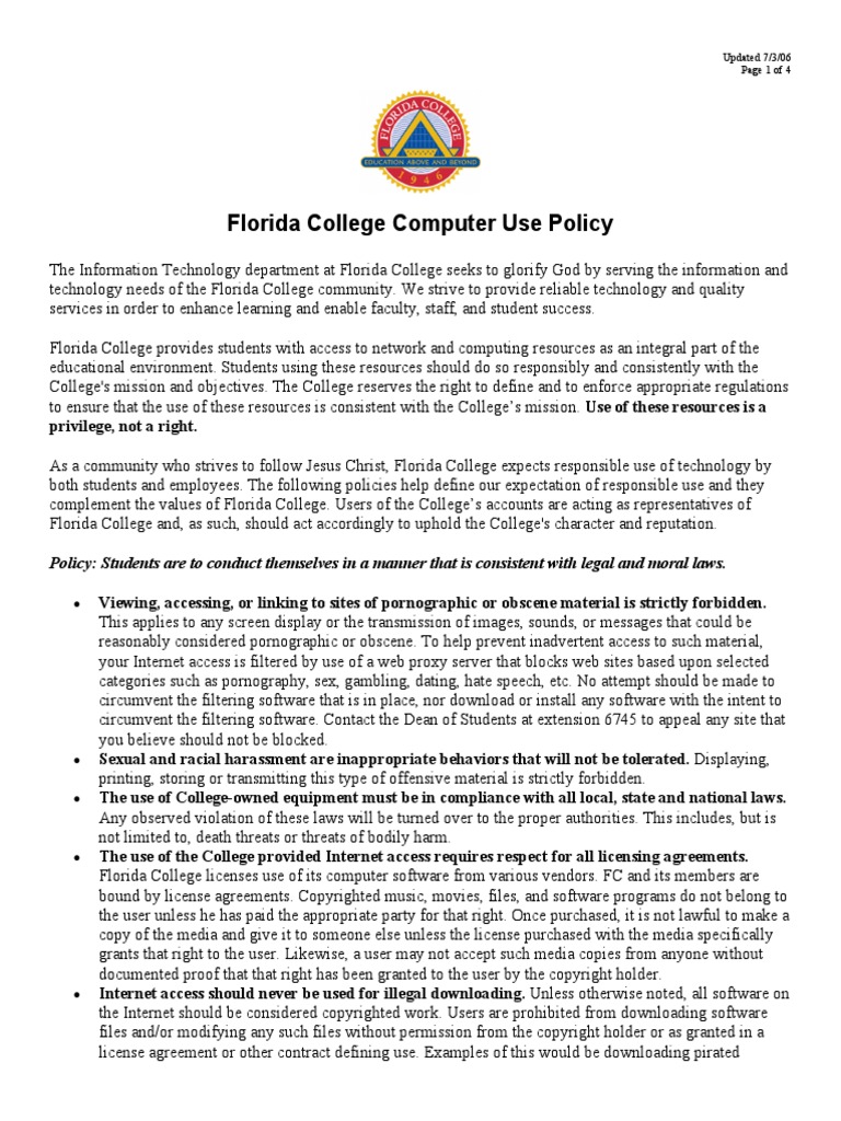 Florida College Computer Use Policy | PDF | Copyright Infringement ...
