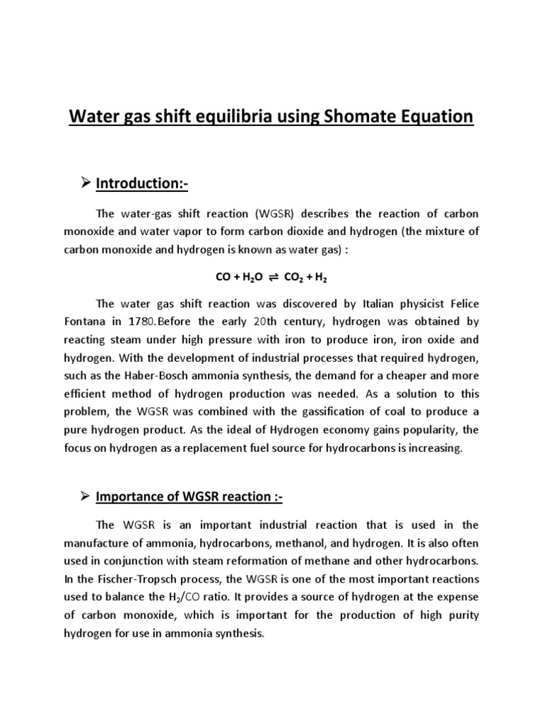 Water Gas Shift Equilibria Using Shomate Equation | Chemical ...