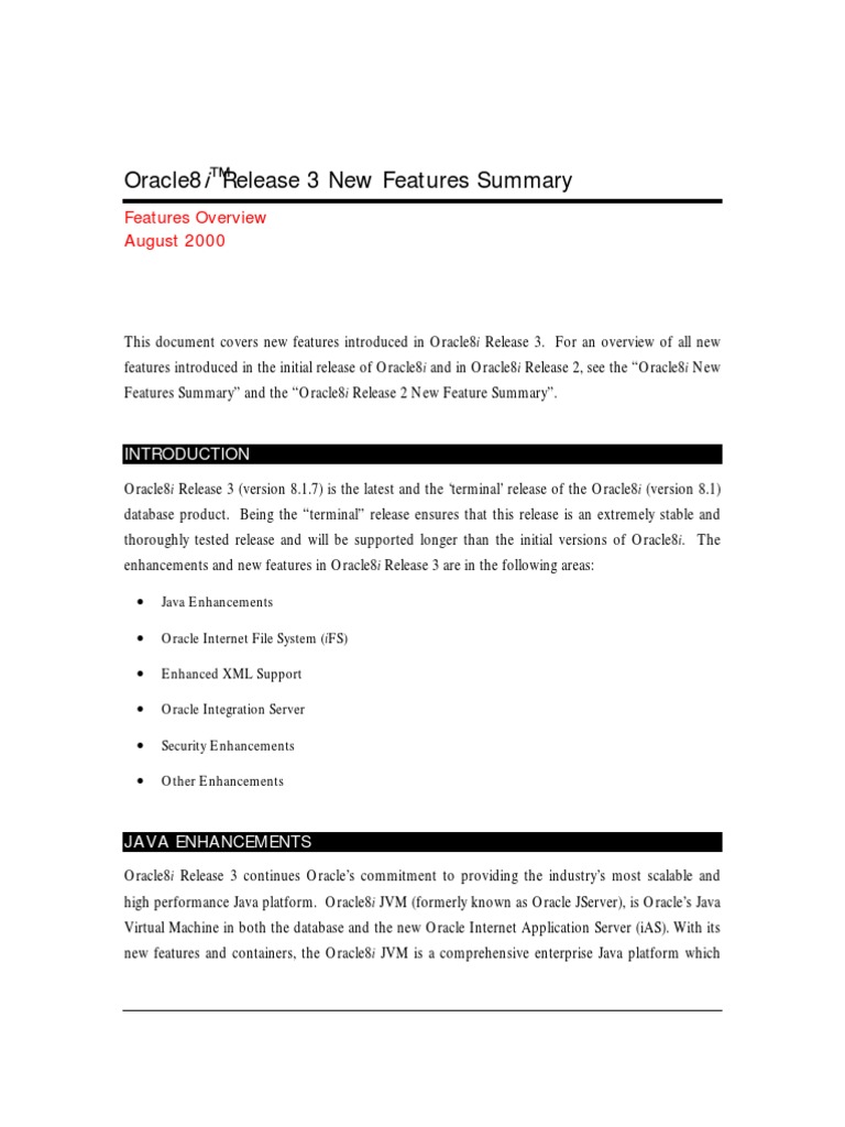 Oracle8 ™release 3 New Features Summary Pdf Oracle Database Enterprise Java Beans