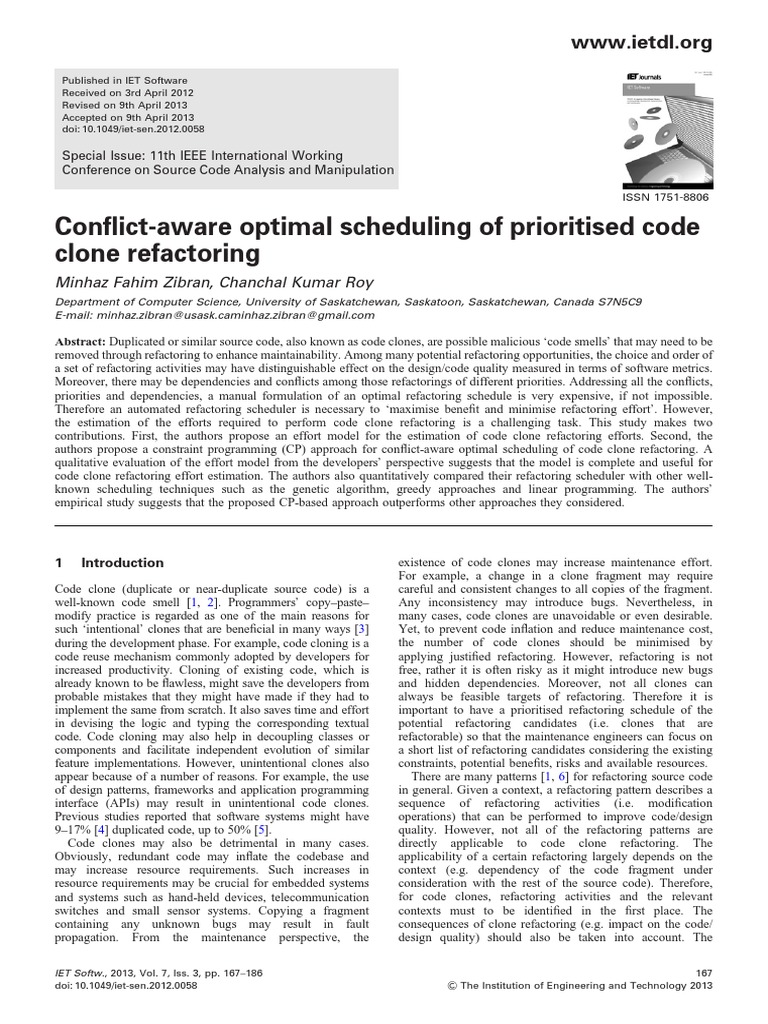 Conflict-Aware Optimal Scheduling of Prioritised Code Clone Refactoring | PDF | Inheritance ...