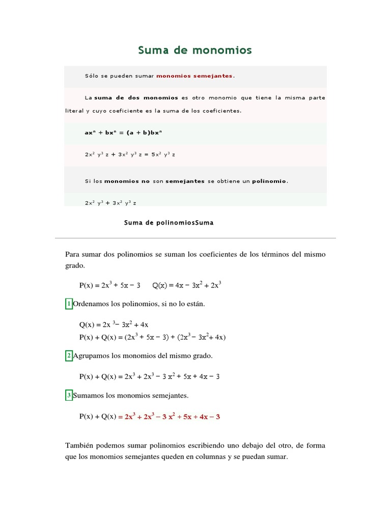 Suma de Monomios | Sustracción | Entero