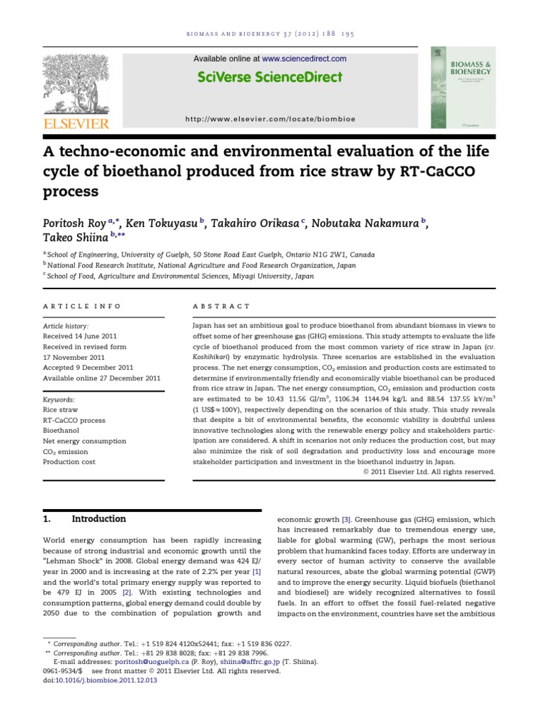 Economics of Bioethanol From Rice Straw | PDF | Biofuel | Biogas