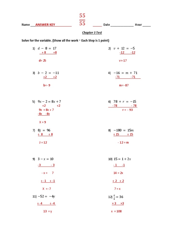 Solving Equations Test Answer Key | PDF | Teaching Mathematics ...