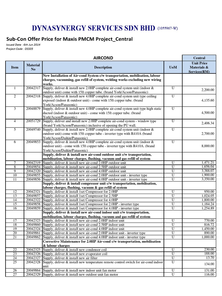 Subcon Offer Maxis PMCM Central-210614-Kenix | PDF | Electrical Wiring | Mechanical Fan