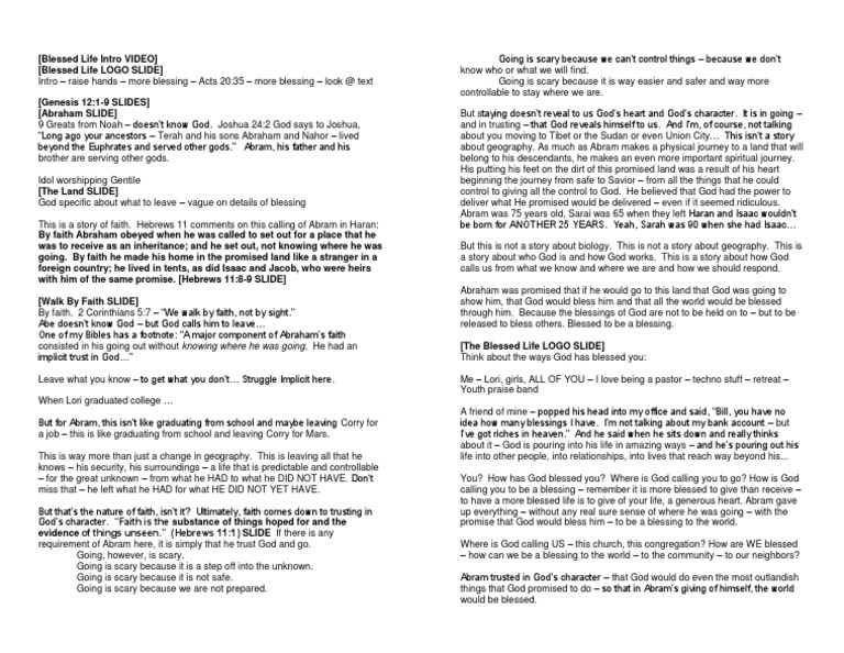 Sermon - Blessed to Be a Blessing - PREACHING NOTES | Abraham | Sarah