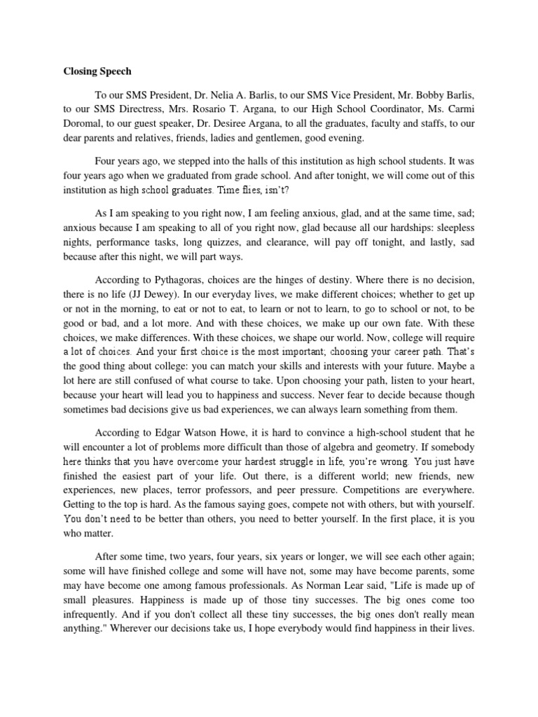 A Message of Gratitude, Challenge, and Hope: A Closing Speech for ...