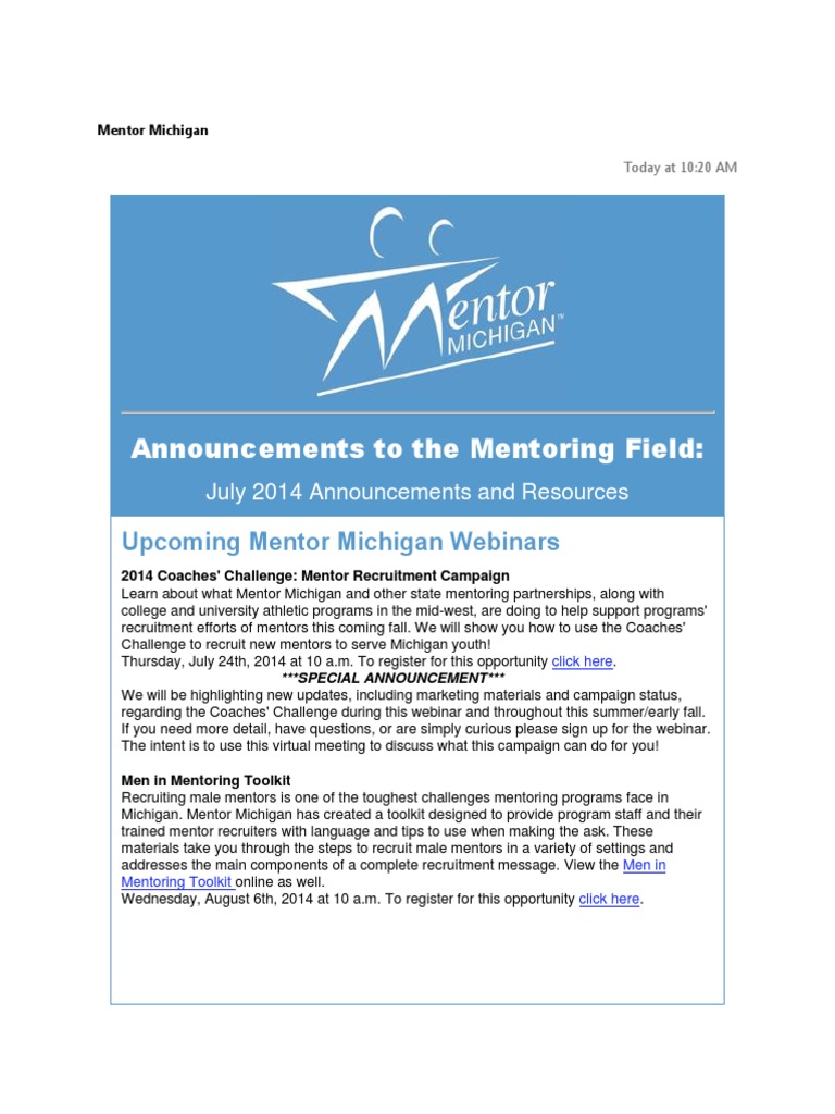 Announcements To The Mentoring Field:: Upcoming Mentor Michigan ...