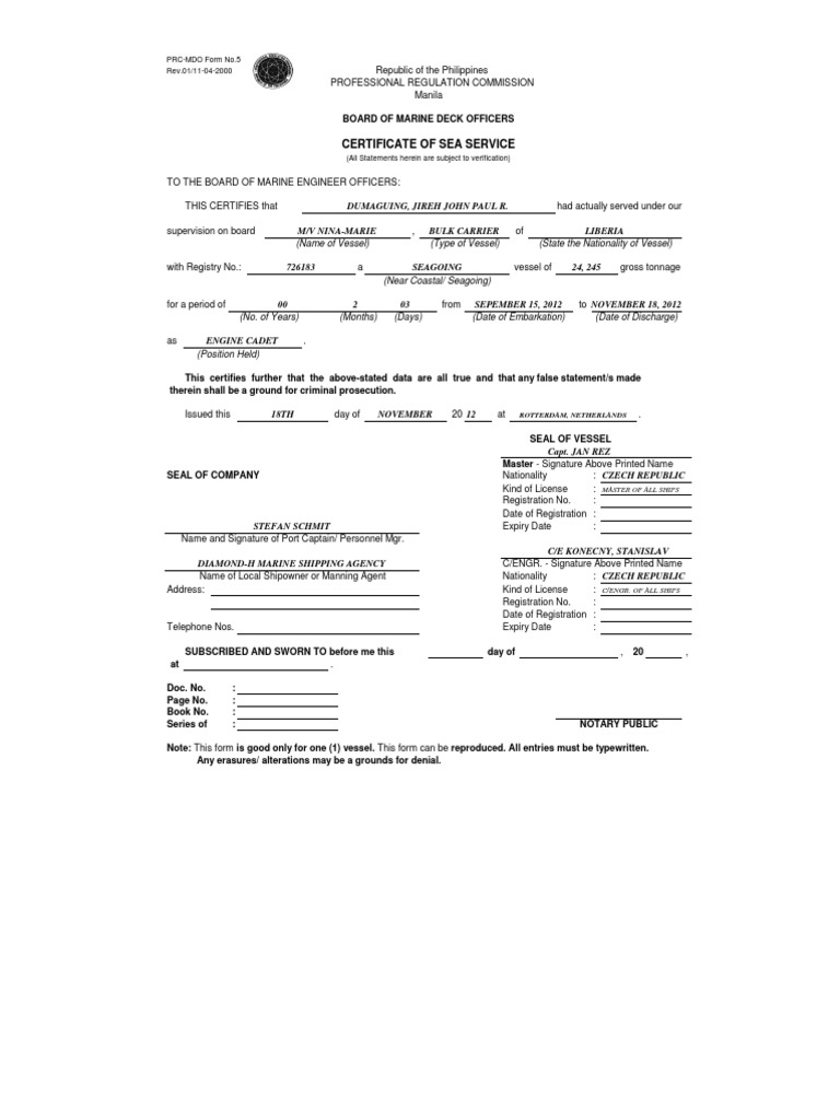 PRC Sea Service Form | PDF | Water Transport | Shipping